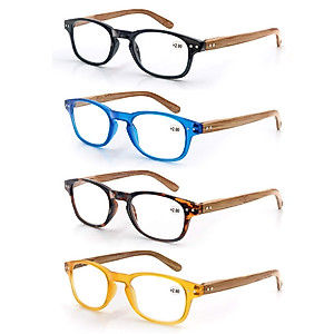 MODFANS 4 Pack Reading Glasses 1.5 Fashion Wood-Look Spring Hinges Stylish Readers Men Women