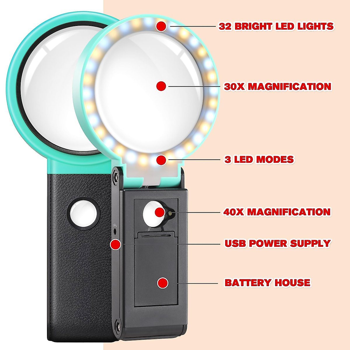 Dicfeos 30X 40X Magnifying Glass with Light and Stand, Non-Rechargeable, Folding Design 32 LED Illuminated Magnifying Glass for Close Work, Powered by Battery or USB(Green)