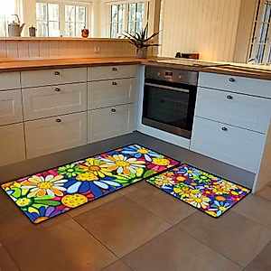 Kitchen Rugs and Mats Set of 2 Pieces Anti Fatigue Standing Mat Floral Colorful Vivid Non Slip Washable Comfort Flooring Carpet Runner for Kitchen Home