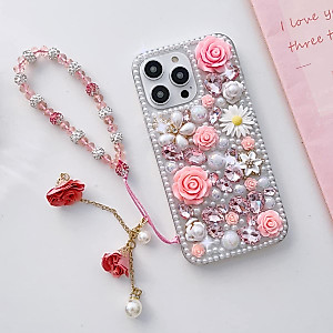 Changjia for iPhone 13 Pro Max Glitter Bling Case, Cute Luxury 3D Crystal Rhinestone Flowers Diamond Pearl with Wrist Strap Bracelet Chain Women Girls Case Cover for iPhone 13 Pro Max 6.7Inch (Pink)