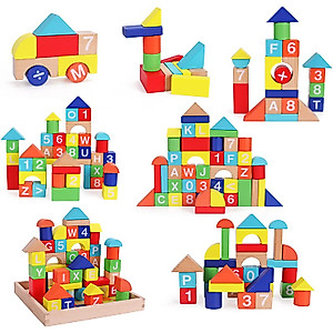 GEMEM 48 Pieces Building Blocks for Toddlers 3 Year Old, Alphanumeric Wooden Blocks for Kids Ages 4-8, Stacking Wooden Block Educational Toy with Wooden Box, Montessori Toys for 3 Year Old Girls Boys