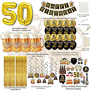 50th birthday decorations for men women - (60pcs) black gold party Banner, 40 Inch Gold Balloons,50th Sign Latex Balloon,Fringe Curtains and cheers to you Foil Balloons,Hanging Swirl,photo props