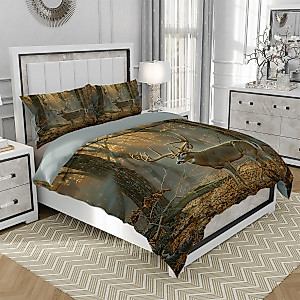 Whitetail Deer Duvet Cover Set King Size, Hunting Wildlife Autumn Nature Forest Bedding Set 3 Pieces Soft Microfiber Quilt Cover for Kids Boys Teens Bedroom Decor, Comforter Cover with 2 Pillowcase