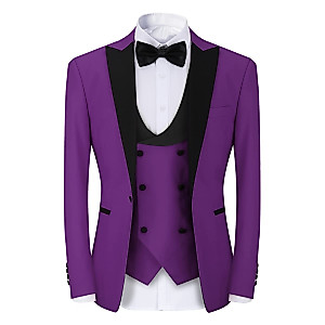 YFFUSHI Men's 3 Piece Suit Slim Fit One Button Prom Suits Set Blazer Vest Trousers Purple