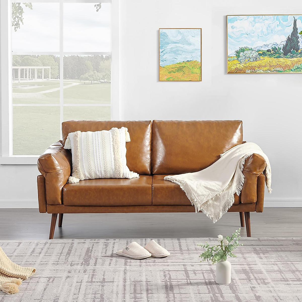 Faux Leather Loveseat Sofa, 57'' Brown Loveseat, Sofa for Small Spaces, 2 Seater Modern Sofa for Living Room, Small Couch for Bedroom,Apartment, Condo, Caramel