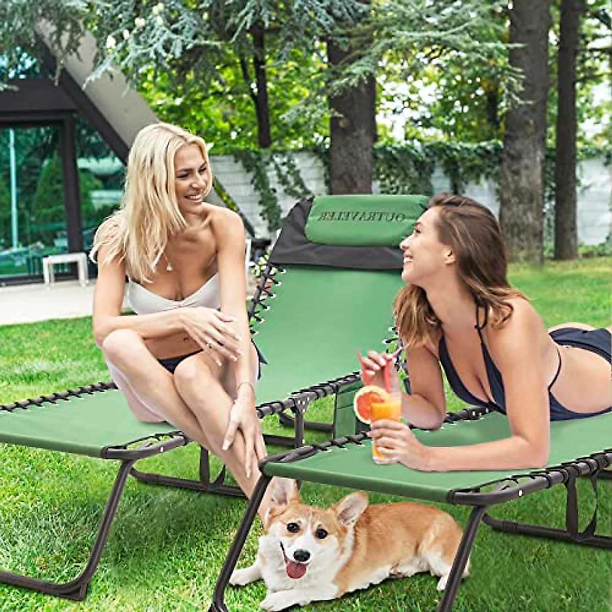 Outraveler Patio Folding Chaise Lounge,Outdoor Lounge Chair Sunbed,Camping Cot,Green