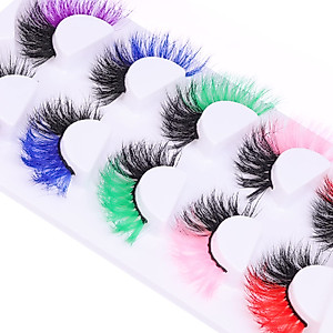 Colored Mink Lashes Fuffy 5 Colour Mixed Natueal Length Cat Eye Lashes with Half Color Dramatic Wispy Eyelashes Red Pink Green Blue Purple Soft Lashes Pack