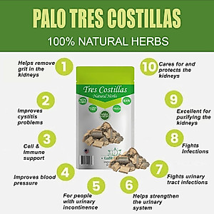 Palo Tres Costillas Tres Costillas, Three Ribs Stick for kidney, non-GMO, Gluten-free, Natural Herbs, tres Costillas herb, Tres Costillas wood, Resealable bag (4oz)