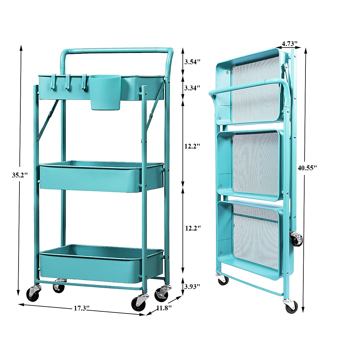 Foldable Storage Cart 3 Tier Rolling Cart with Wheels No Assemble Required Metal Utility Kitchen Cart Folding Shelves for Storage and Organizer for Classroom, Bedroom