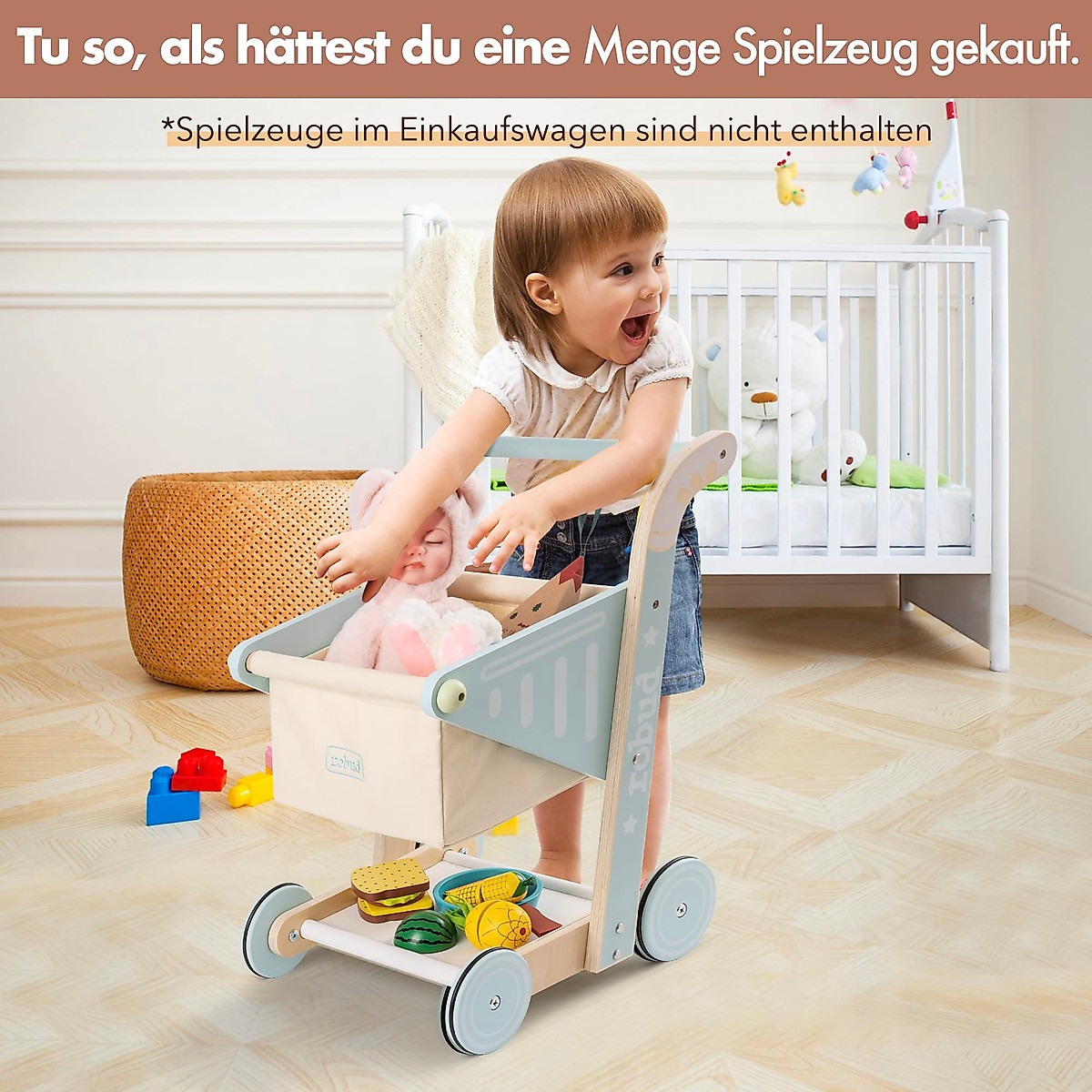 ROBUD Wooden Baby Walker for Girls Boys, Wooden Shopping Cart for Kids Toddlers, Learning Walker Toys for 10 Months 1 Year Old