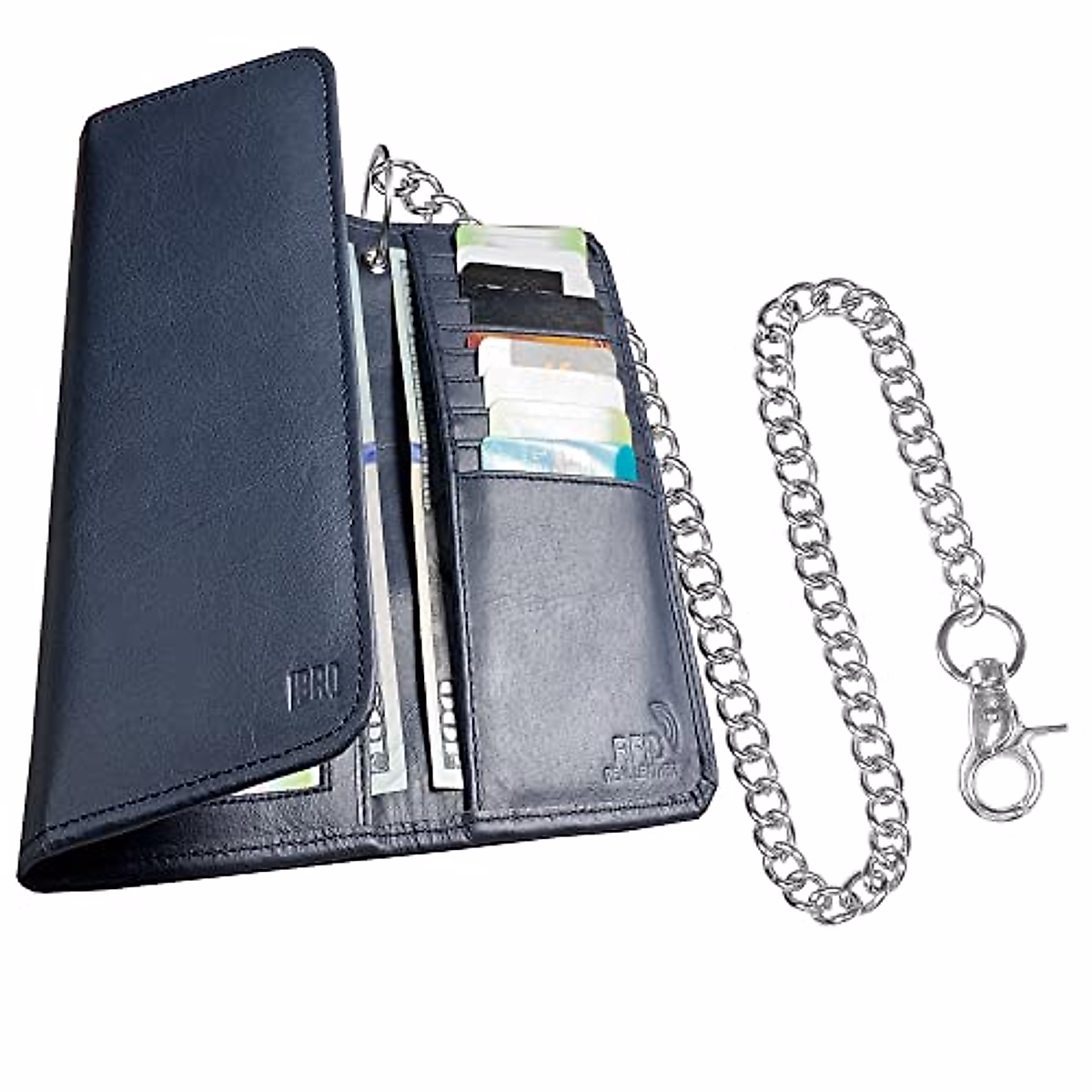 IBRO Motorcycle Chain Wallet for Men – 100% Natural Genuine Leather, Long Trifold RFID Blocking, Credit Card Money Organizer - Men’s Trucker Biker Metal Chain Wallets Steel Blue