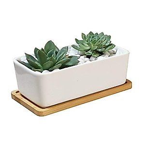LANKER 6.5 Inch Rectangle White Ceramic Succulent Planter Pot Decorative Cactus Plant Pot Flower Container with Bamboo Tray (Rectangle 6.5 Inch)