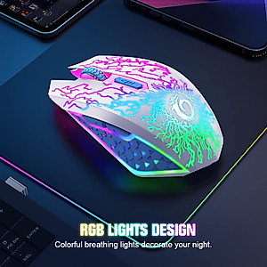 VersionTECH. Wireless Gaming Mouse, Rechargeable Computer Mouse Mice with Colorful LED Lights, Silent Click, 2.4G USB Nano Receiver, 3 Level DPI for PC Gamer Laptop Desktop Chromebook Mac-White