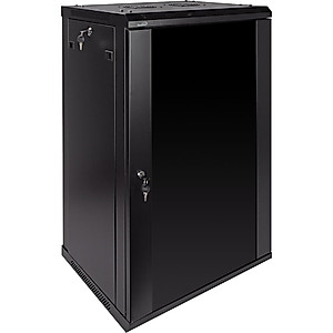 NavePoint 18U Server Rack Enclosure - 17.7” Deep, 18U Wall Mount Network Cabinet with Locking Glass Door for 19” IT Equipment, 18U Network Rack with 2 Fans, Removable Side Panels, Black
