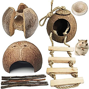 kathson Natural Coconut Hut Hamster Hiding House Pet Cave Small Animal Cage Habitat Decor Hanging Guinea Pig Toys with Ladder for Gerbils Rats Mice Playing Breeding 9PCS