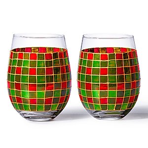 Crystal Christmas Holiday Tree Stemmed Wine Glass - Pink & Green - 12oz Goblet Bordeaux Gold Rim Colored Glassware, Cheerful Party Festive New Years Cheer for Holiday Gift Xmas & Winter Season
