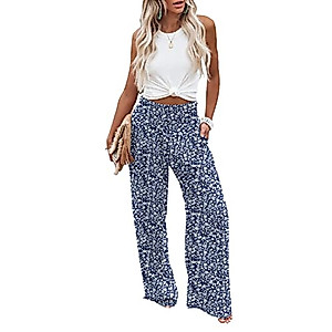 JASPAL Women Casual High Waisted Palazzo Pants Wide Leg Long Lounge Trendy Trousers with Pocket-L-Blue White Flower