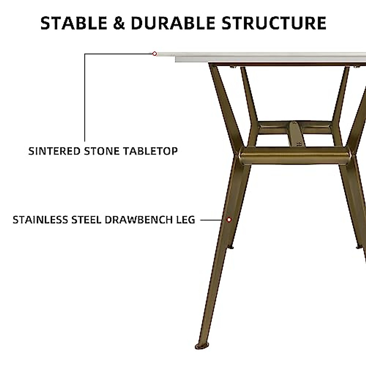 HERNEST 63" White Sintered Stone Dining Room Table for 4-6, Modern Heavy Duty Dining Table with Marble Texture Table Top and Golden Stainless Steel Legs Minimalist Kitchen Table for Living Room