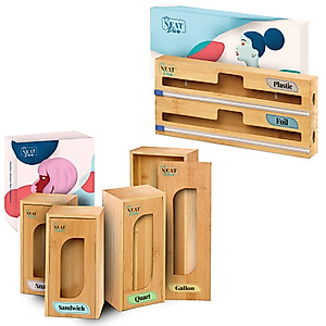 Neat Diva 5 Piece Bundle includes a 4 Piece Set of Ziplock Bag Organizers plus a 2-in-1 Foil and Plastic Wrap Organizer, Aluminum Foil Organization Storage Bag Organizer Kitchen Drawer