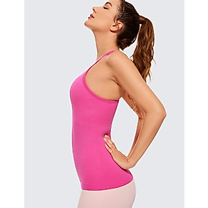 CRZ YOGA Womens Seamless Ribbed Racerback Tank Tops with Built in Bra - Padded Scoop Neck Slimming Athletic Long Camisole Hibiscus Purple Small