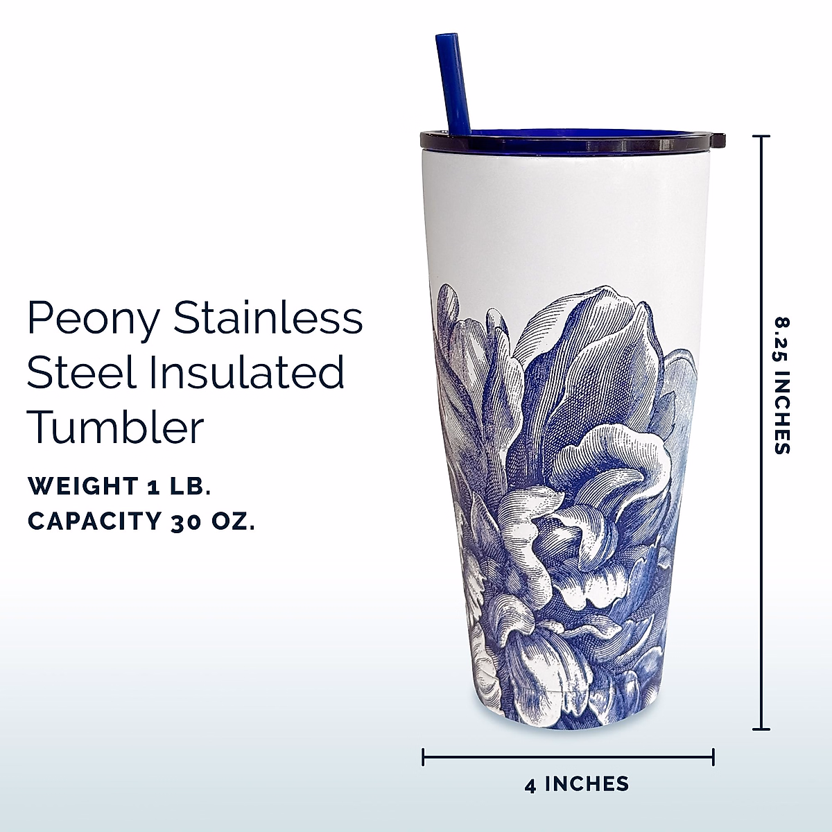 Caskata Peony Stainless Steel Insulated Tumbler | Floral Cup, Lid & Straw Set for Travel, Commuting, & School | Perfect for Birthday, Christmas & Holiday Gifts | Blue on White Color | 30 oz