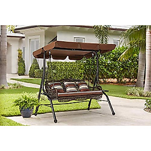 AECOJOY 3-Seat Proch Swing Chair, Patio Swing with Canopy, 2 Side Trays, 3 Pillows & Removable Cushion, Patio Wicker Swing with Stand Outdoor Swings for Adults, Balcony, Garden, Deck(Brown Rattan)