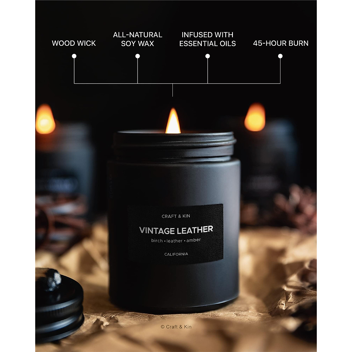 Craft & Kin Premium Vintage Leather Candle | Black Spring Scented Candles for Men | Long Lasting with 45 Hour Burn Time, 7.6oz | Made with Soy | Aromatherapy at Home | Gifts for Men