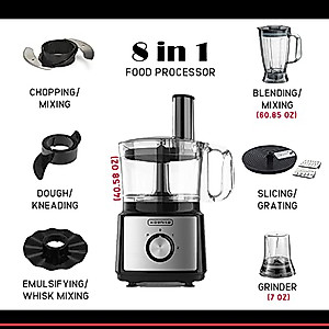 Kognita Blender and Food Processor Combo, 500W 8 in 1 Smart Kitchen Blender with 2 Speeds, 4 Stainless Steel Blades, Dough Blade and Emulsifying Disc for Chopping,Kneading,Shredding and Slicing - 6-Cup Bowl,Silver