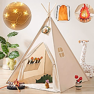 Tiny Land Kids-Teepee-Tent with Lights & Campfire Toy & Carry Case, Natural Cotton Canvas Toddler Tent - Washable Foldable Teepee Tent for Kids Indoor Tent, Outdoor Play Tent for Girls & Boys