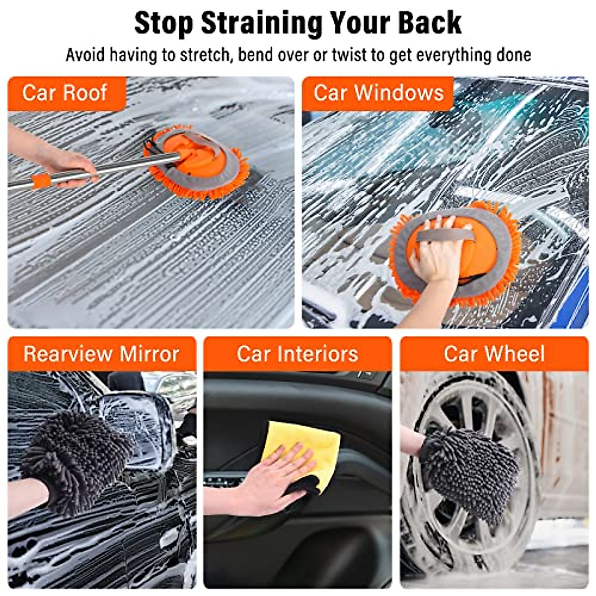 ANUINIT Car Wash Brush with Long Handle 62"/18" Microfiber Car Wash Brush,Soft Car Wash Mop Car Wash Mitt Scratch-Free Car Wash Kit,Flexible Rotation Car Washing Brush for Truck RV SUV Pickup Bus