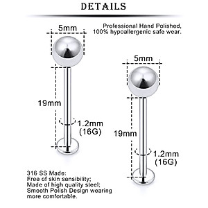 Kridzisw 16G Cheek Tongue Piercing Jewelry Flat Back Cheek Dimple Tongue Rings Stainless Surgical Steel Long Bar Ashley Lip Labret Rings Stud Piercing Jewelry Women Men 19mm Silver Black Rose Gold