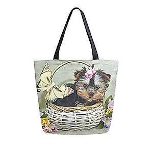 Women Top Bag Handle Handbags Shoulder Bag Yorkie Puppy With Daisy Tote Washed Canvas Purses Bag (be11d)