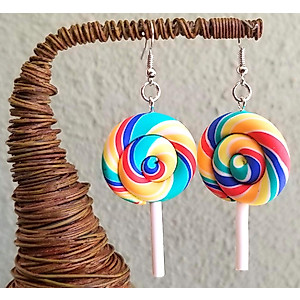 Colorful Rainbow Lollipop Dangle Earrings Sweet Lovely Swirl Lollipop Candy Pendant Drop Earrings Sugar Sweets Set for Women (Iridescent)