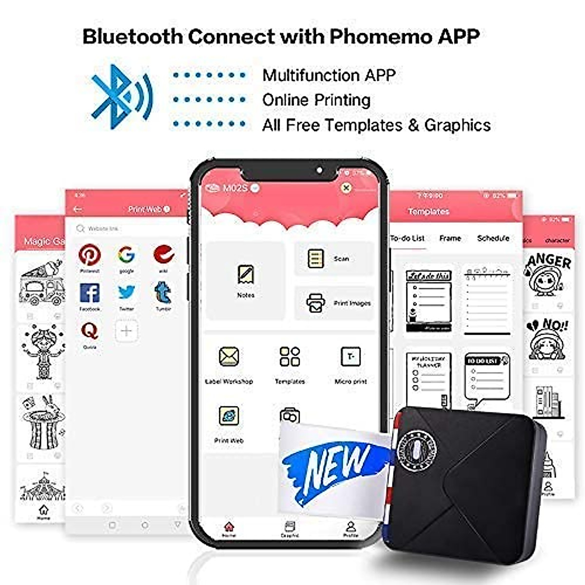 Phomemo M02S Mini Thermal Printer- Bluetooth Photo Printer with 3 Rolls Transparent Sticker Paper, Compatible with iOS + Android for Plan Journal, Study Notes, Art Creation, Work, Gift, Black