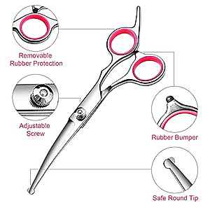 FAIGEO Dog Grooming Scissors Kit with Safety Round Tips Stainless Steel Professional Dog Grooming Shears Set - Thinning, Curved Scissors and Comb for Dog Cat Pet