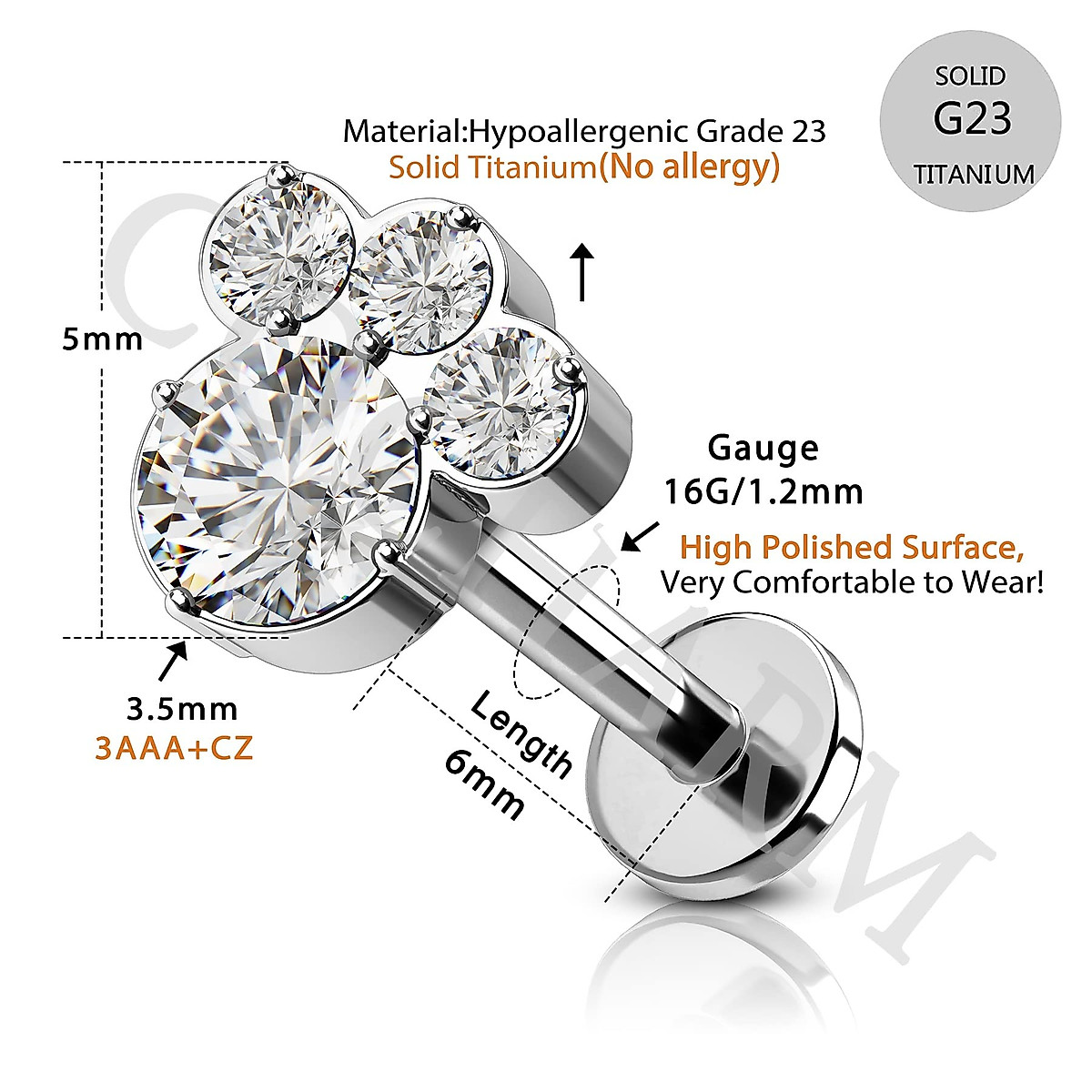 COCHARM G23 Titanium Tragus Earring Stud 16g Flat Back Threaded Helix Piercing 16 Gauge Internally Threaded Tragus Stud Cute Cz Surgical Steel 6mm Helix Earrings