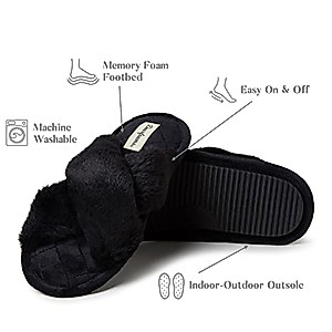 Dearfoams womens Jessica Furry Cross Band Slide Slipper, Black, Large US