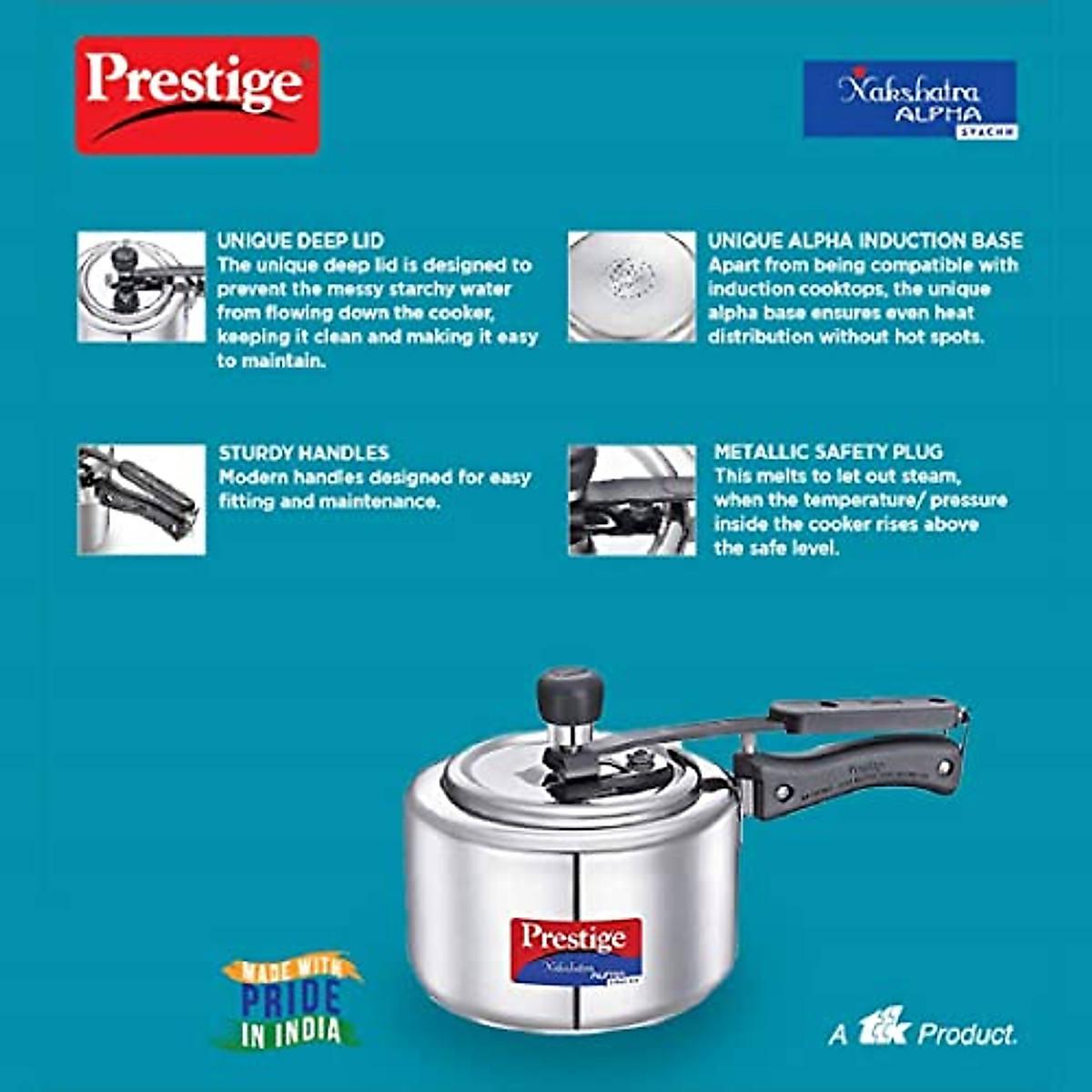Prestige Nakshatra Alpha Svachh Stainless Steel Induction Base 2 Liter Pressure Cooker with Deep Lid for Spilage Control