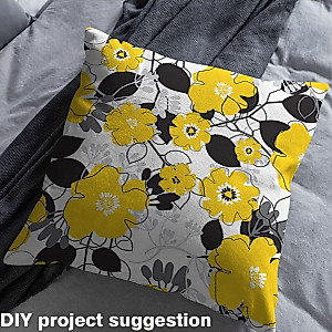 Yellow Flowers Fabric by The Yard,Black and White Leaves Plant Upholstery Fabric for Chairs Sofa,Geometric Line Floral Waterproof Fabric for Upholstery and Home DIY Projects,1 Yard