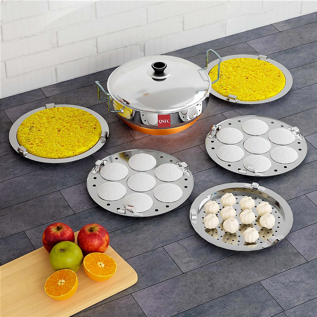 QSEC Stainless Steel Idli Cooker Multi Kadai Steamer with Copper Bottom All-in-One Big Size 5 Plate 2 Idli | 2 Dhokla | 1 Patra | Momo's | 3 in 1 | 28.5 cm Dia.