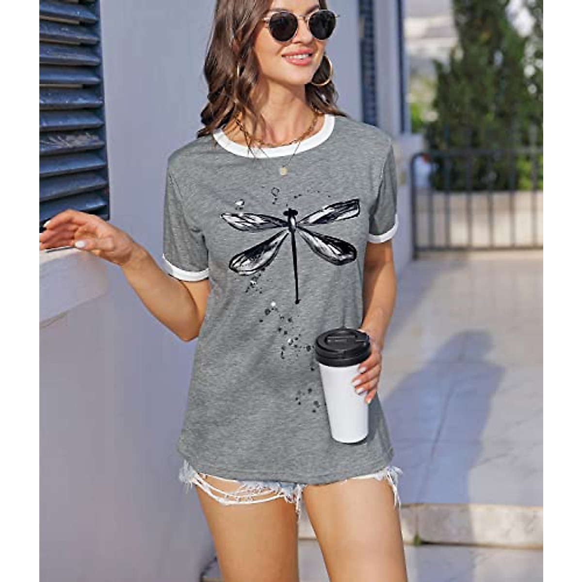 JNIFULI Women's Graphic Tees Casual Summer Funny Dragonfly Printed Short Sleeve Cute T Shirts Tops Grey