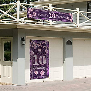 PAKBOOM Happy 10th Birthday Door Cover Porch Banner Sign Set - 10 Years Old Birthday Decoraions Party Supplies for Girls - Purple Pink