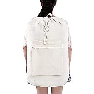 Mkono Laundry Bag with Shoulder Strap & Drawstring Closure Laundry Bags with Macrame Tassel Boho Hanging Clothes for College Dorm, Travel, Laundromat, Apartment