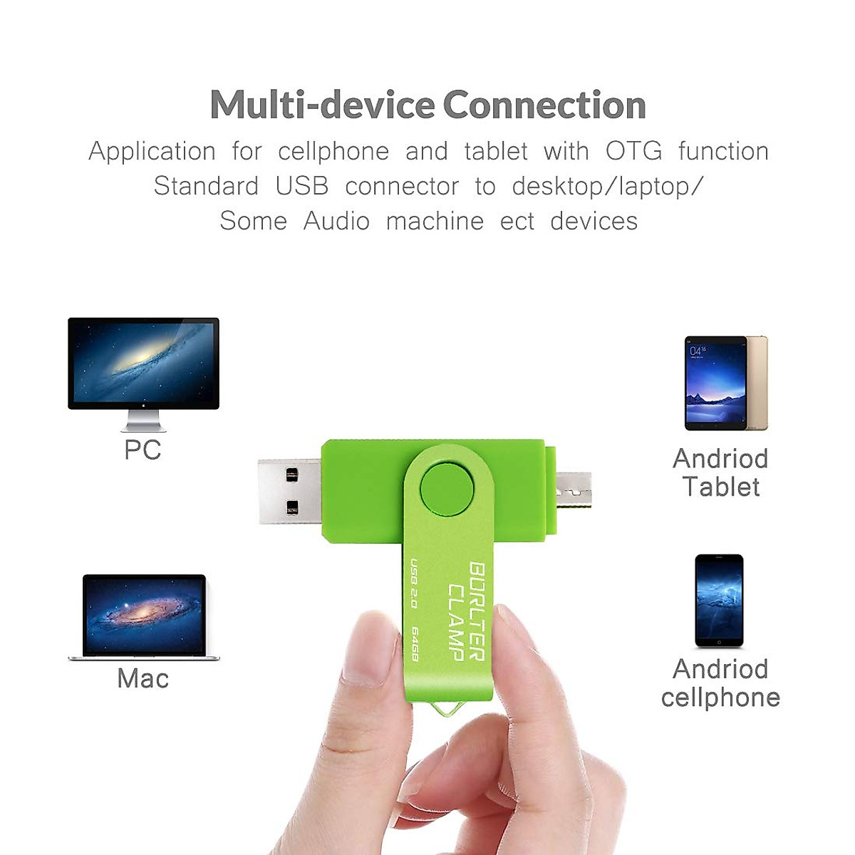 BorlterClamp 64GB USB Flash Drive Dual Port Memory Stick, OTG Thumb Drive with Micro USB Drive Port for Android Smartphone Tablet & Computer (Green)