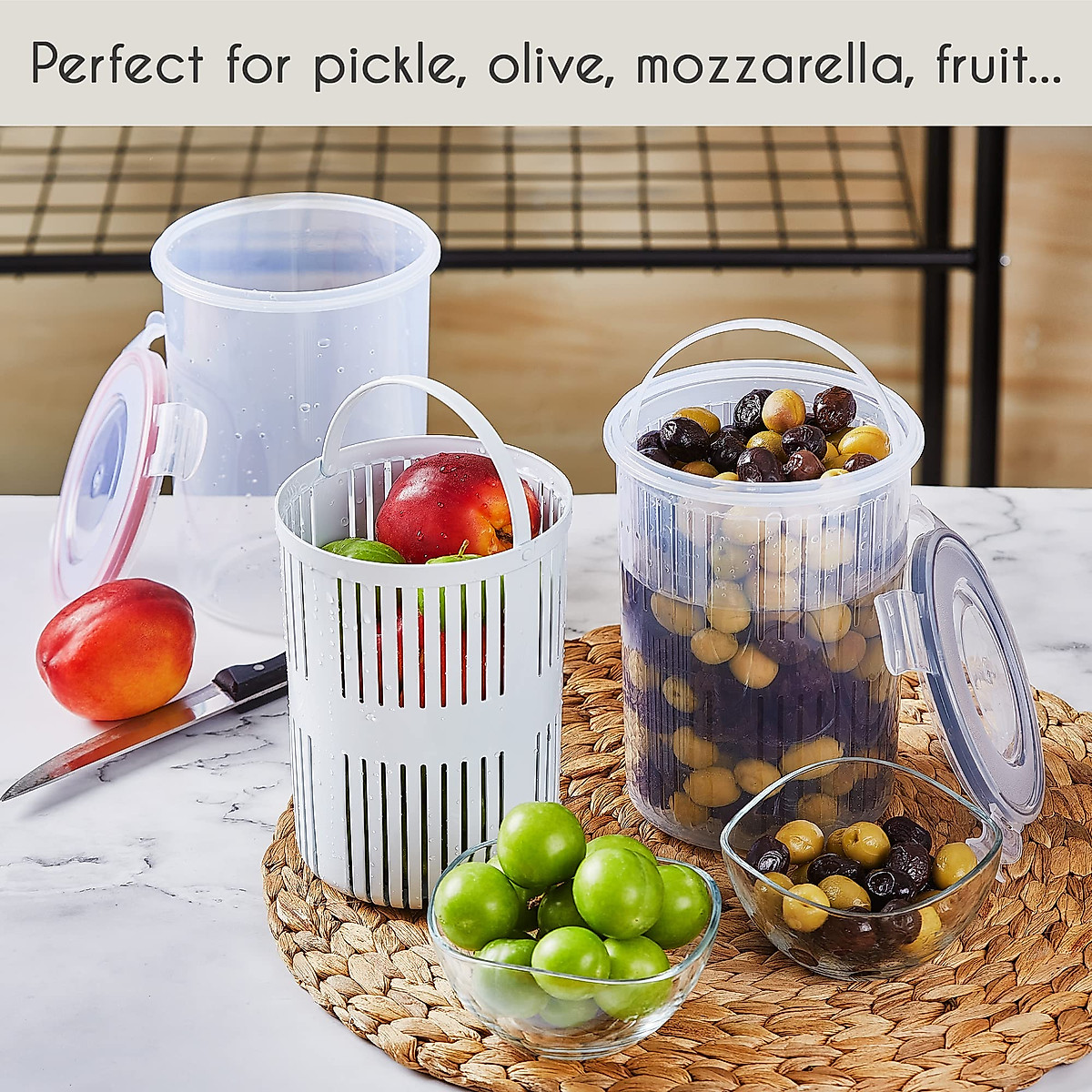 Crystalia Pickle Jar with Strainer Insert, Deli Food Storage Container, Pickle Holder Keeper Lifter, Bucket of Pickles, Barrel of Olive Jalapeno, Large Flip Jar with Leak Proof and Lock It Lid (Gray)