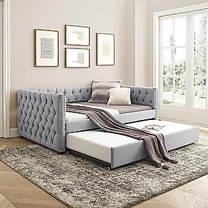 Sofa Bed, Sleeper Sofa- 2 in 1 Pull Out Couch Bed, Sofa Sleeper with Pull Out Bed, with Button and Copper Nail on Square Arms，Full Daybed & Twin Trundle, Grey（85“x57”x31.5“）