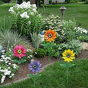 hogardeck Metal Flower Decorative Garden Stakes,4 Pcs 20" Outdoor Garden Decor Shaking Head Sunflowers Daisy Ornament, Yard Art Spring Decorations for Patio Lawn