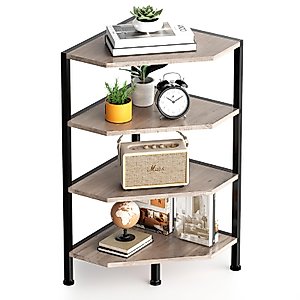 JOOLESER Corner Shelf - 4-Tier Corner Bookshelf with Metal Frame - Small Corner Shelves - Wood Corner Display Shelf for Living Room, Bedroom (Grey)