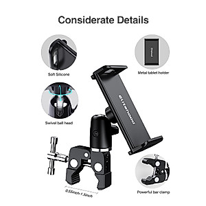 elitehood Metal iPad Mic Stand Holder, 360° Swivel Tilt Microphone Stand Phone Holder Mount, Aluminum Tablet Clamp Adapter for All Phone, iPad Pro 12.9/11, iPad, iPad Mini Air and More 4-12.9" Tablet