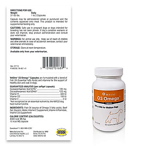 VetOne O3 Omega Soft Gel for Medium Dogs - Essential Fatty Acid Support - Skin & Coat Supplement - 60 Capsules